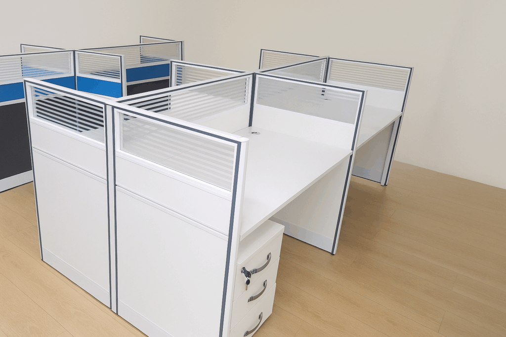4-Way Modular Workstation with Glass Partitions and Mobile Pedestals ...