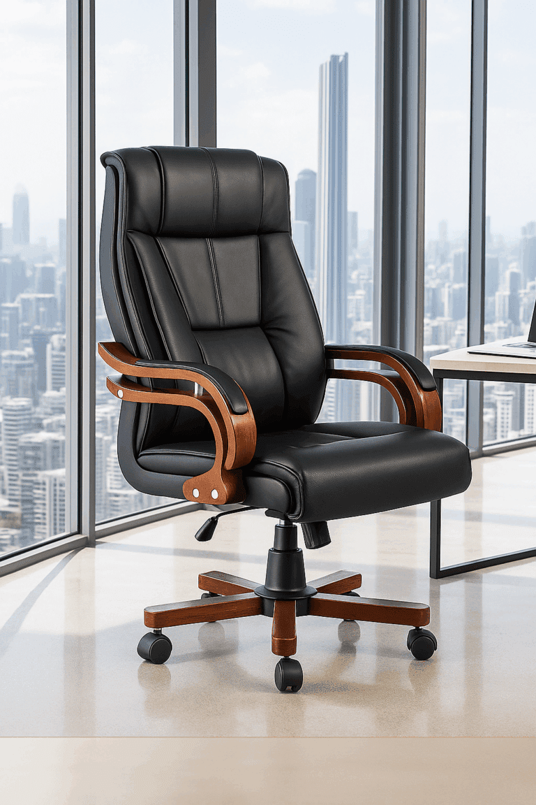 Executive Leather Office Chair – Black with Wooden Finish - Pogo Furniture