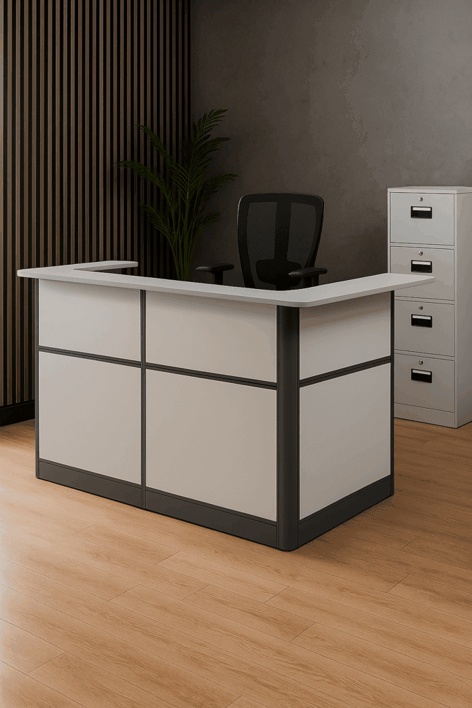 Modern L-Shaped Reception Desk – Two-Tone Finish - Pogo Furniture