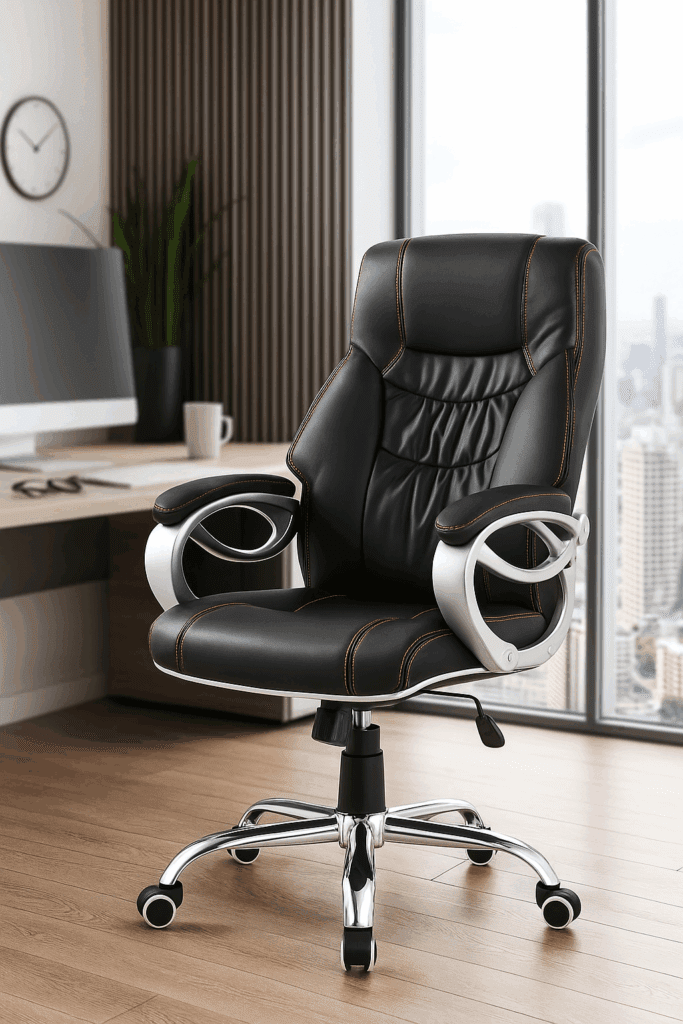 Ergonomic Executive Office Chair – Black PU Leather with Silver Frame ...
