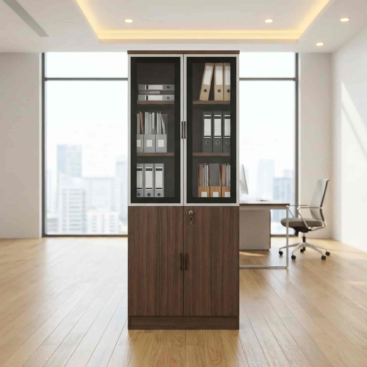 Glass & Wood 2-Door Office Storage Cabinet - Pogo Furniture